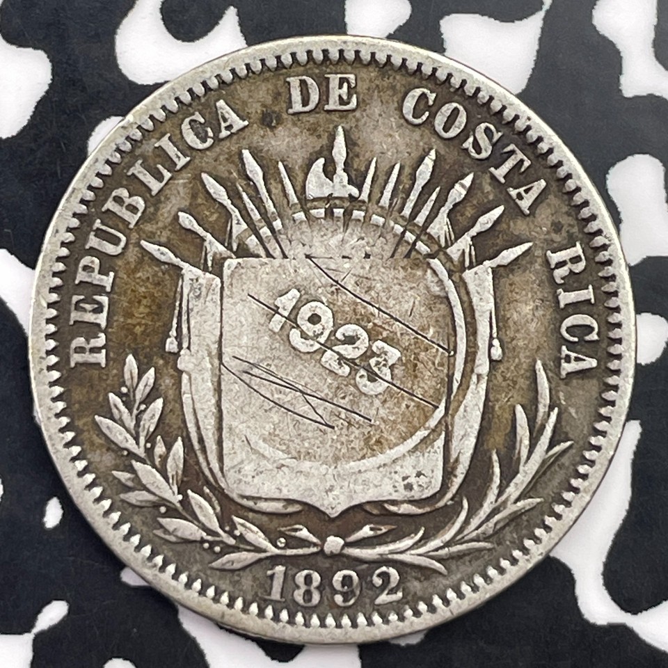 1923 Costa Rica 50 Centimos C/S on 1892 25 Centimos Lot#C4165 Silver ...