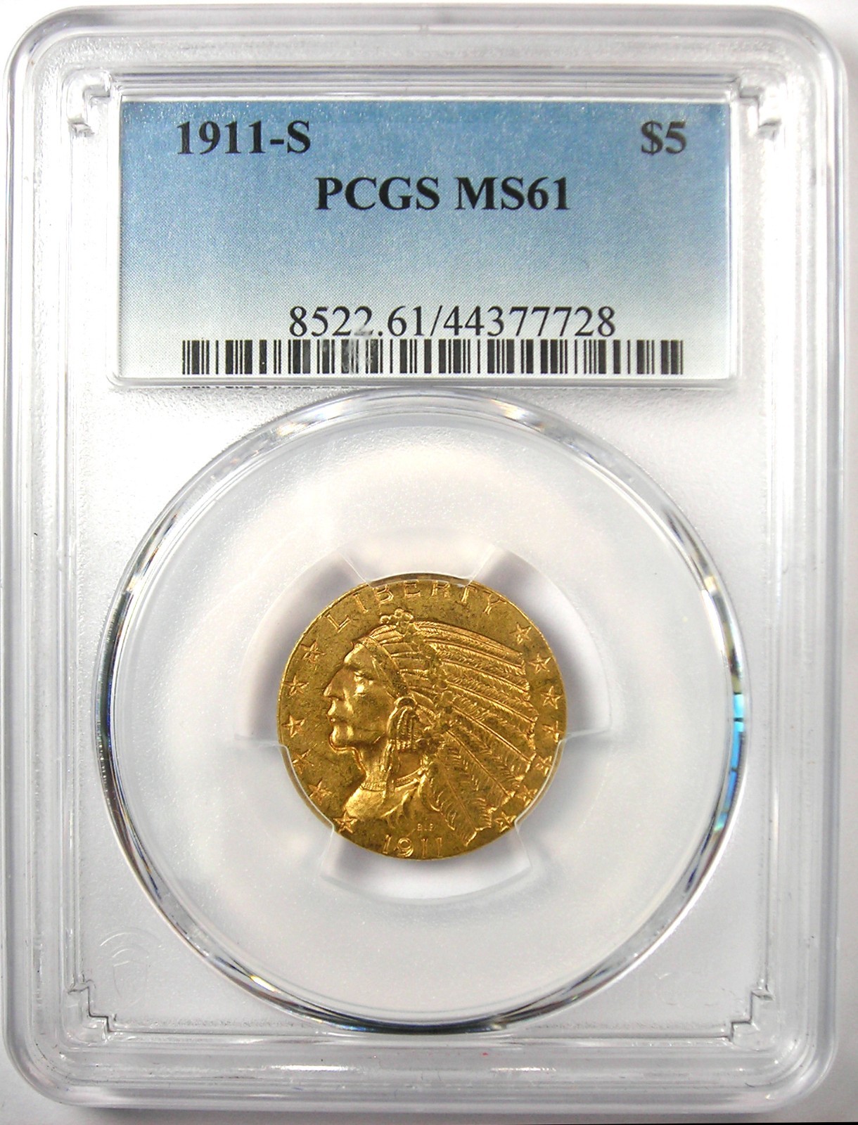 1911-S Indian Gold Half Eagle $5 Coin. Certified PCGS MS61 BU UNC ...
