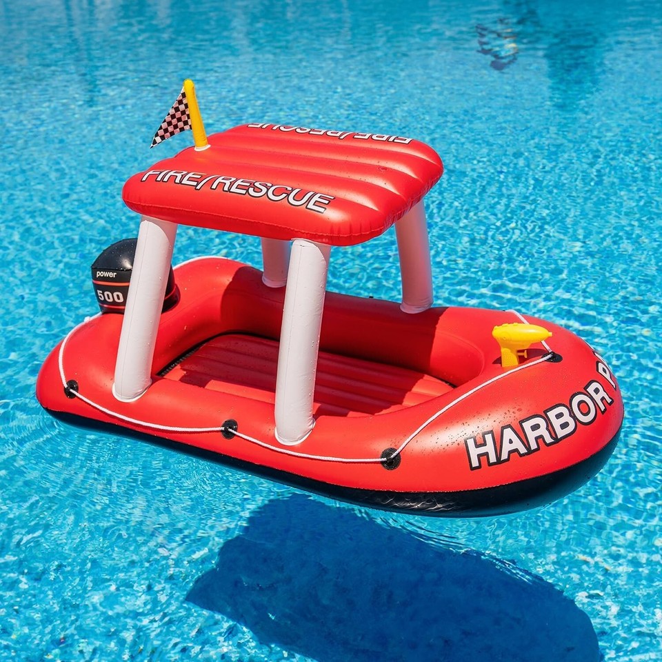 Inflatable Fire Boat Pool Float Fire Rescue Theme Ride on Raft with ...