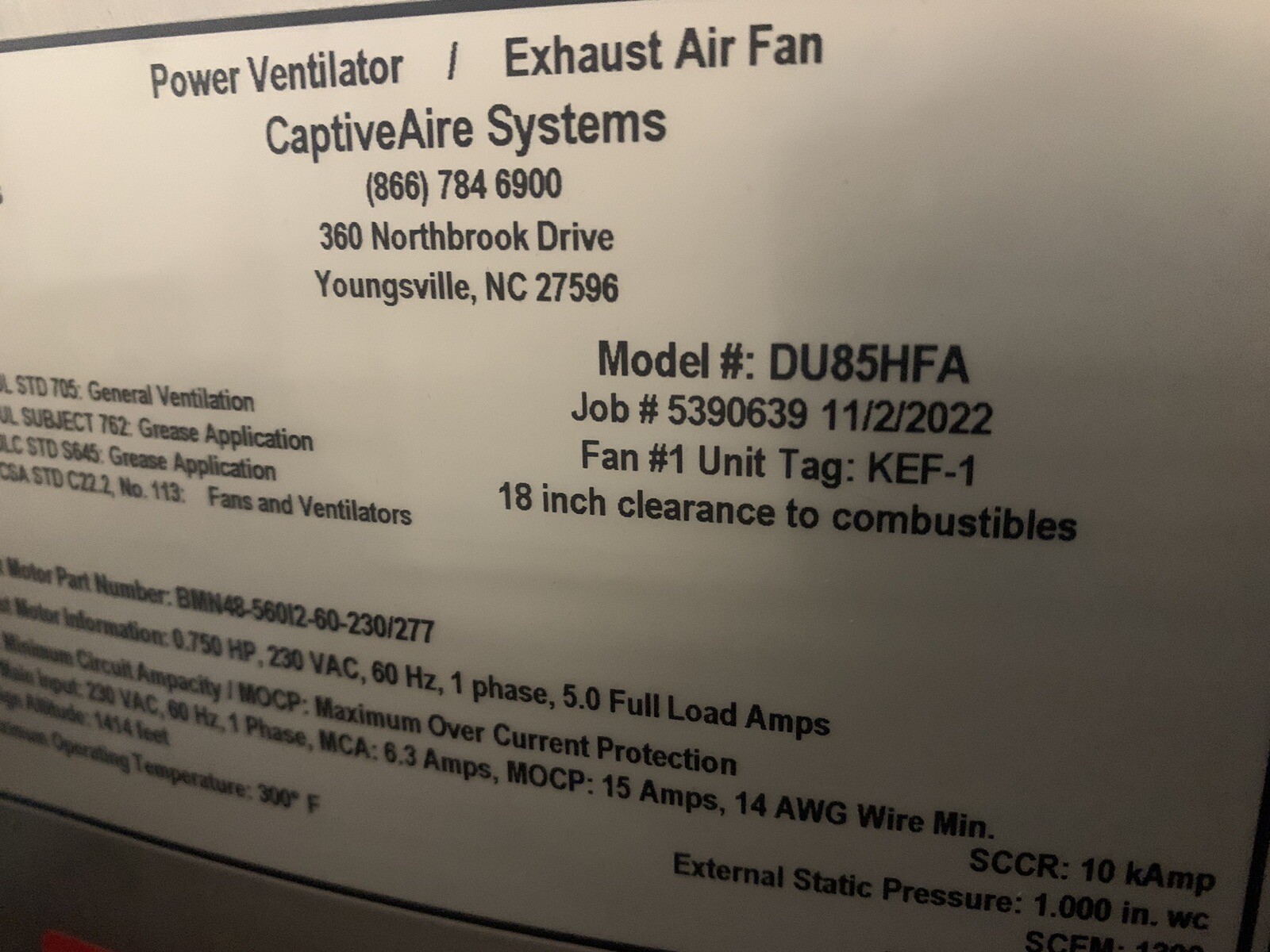 Captive-Aire Systems, Inc. DU85HFA Commercial Upblast Exhaust Fan | eBay