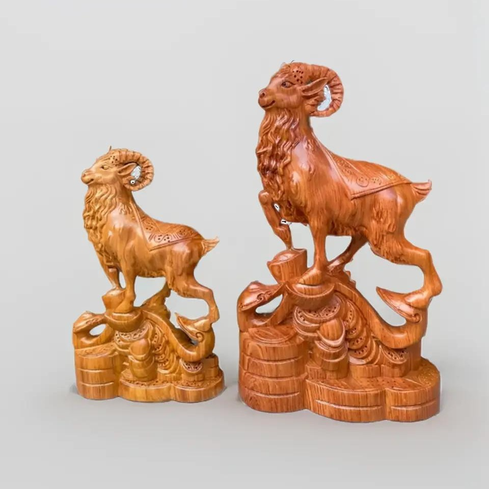 Wooden Hand Carved Goat Statue Handmade Figurine Sculpture Decor Wood ...