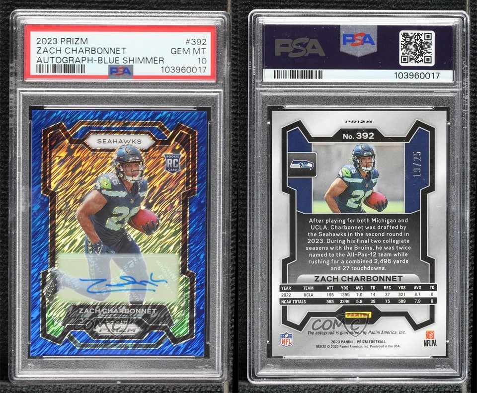 2023 Prizm Rookies Blue Shimmer 19/25 Zach Charbonnet #392 PSA 10 ...