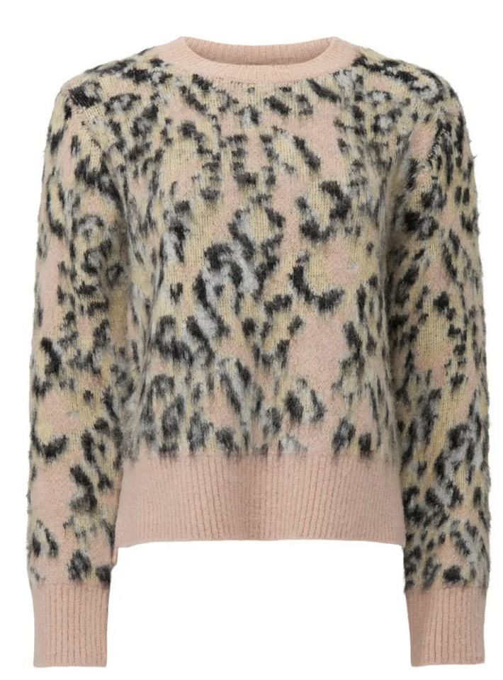 New AllSaints Animal Print Cropped Aurora Crew Fuzzy Pink Leopard ...