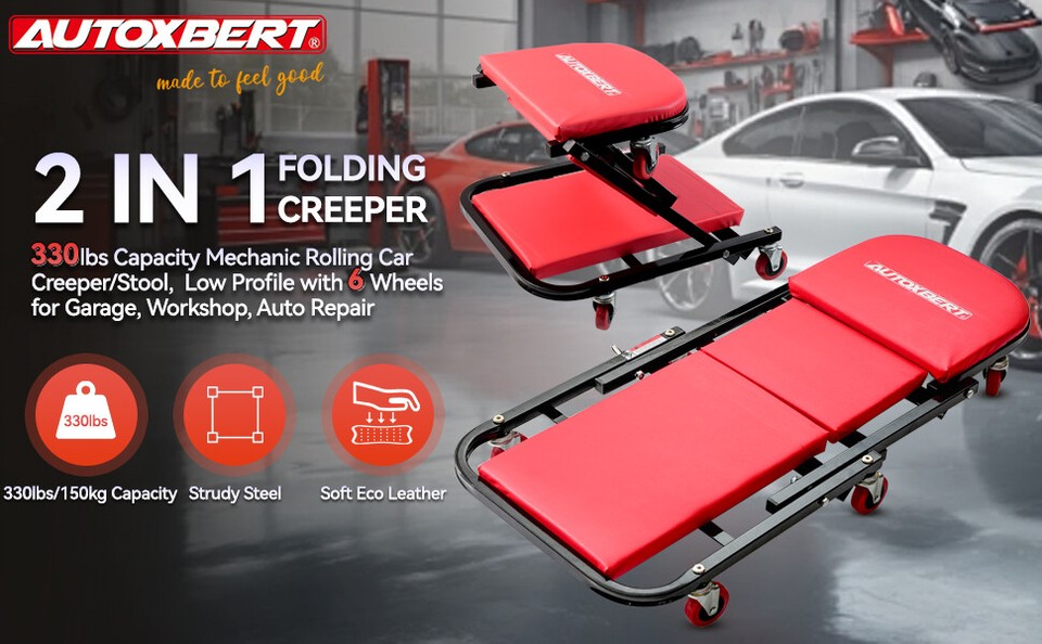 2in1 Folding Creeper 330 Lbs 360° Rolling Garage Stool Mechanics Shop ...