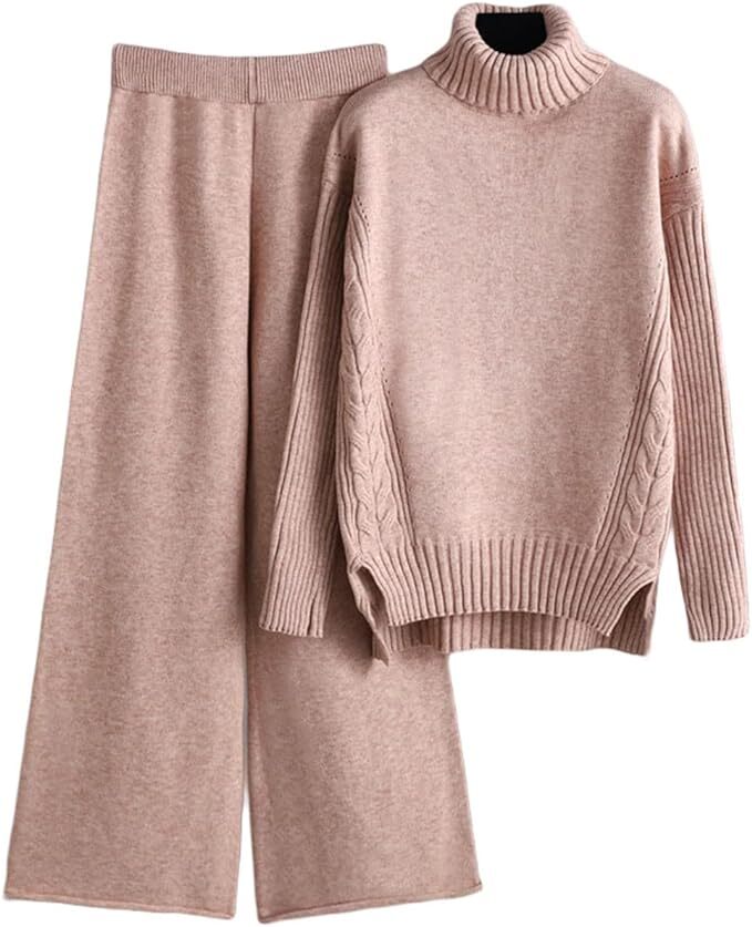 Women's Casual 2 Piece Knit Sweater Pants Set Turtleneck Jumper Wide ...
