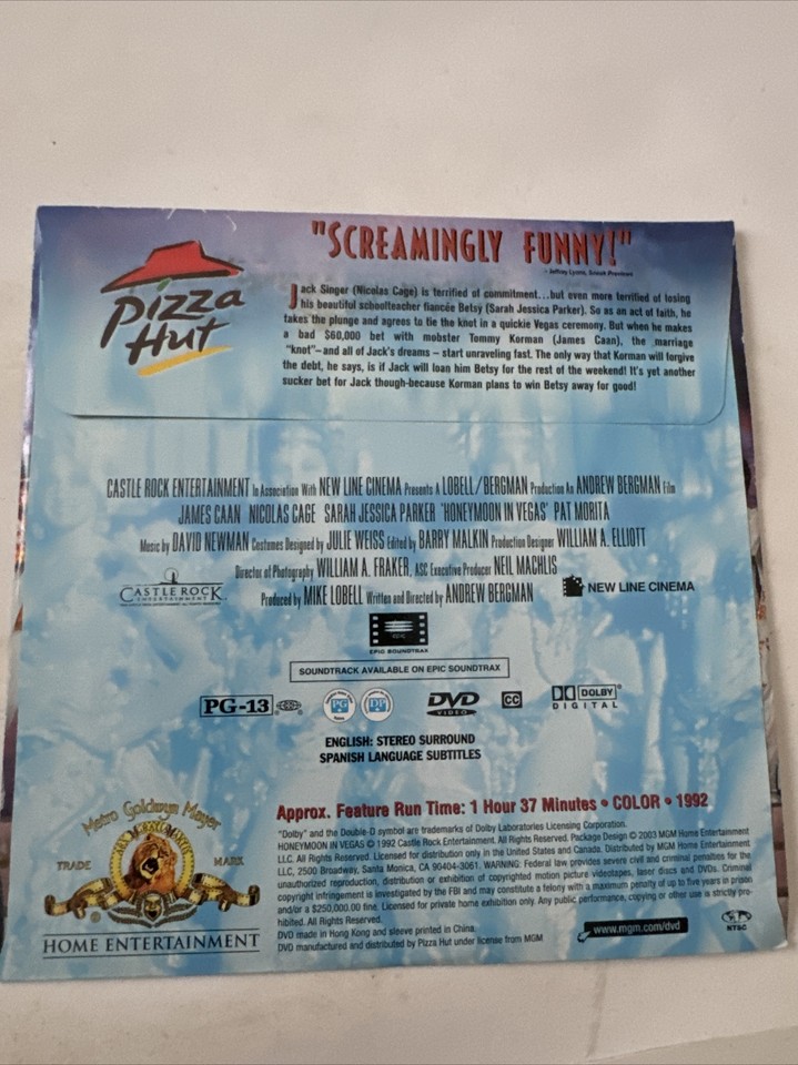 2003 Pizza Hut Promo Giveaway DVD Honeymoon In Vegas Nick Cage Jim Caan ...