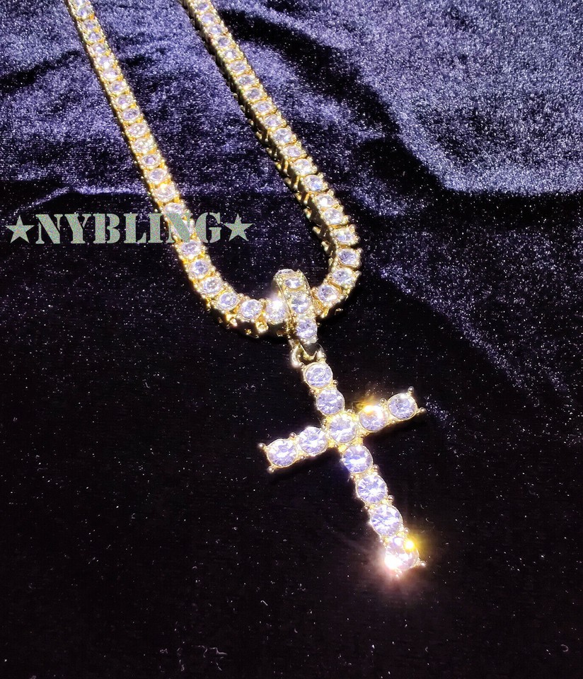 14k Gold Plated Tennis Chain Cross Pendant CZ Choker Necklace ICED ...