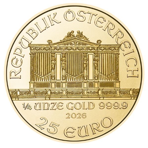 2026 Austria Gold Philharmonic 1/4 oz 25 Euro - 1 Roll 20 BU Coins in ...