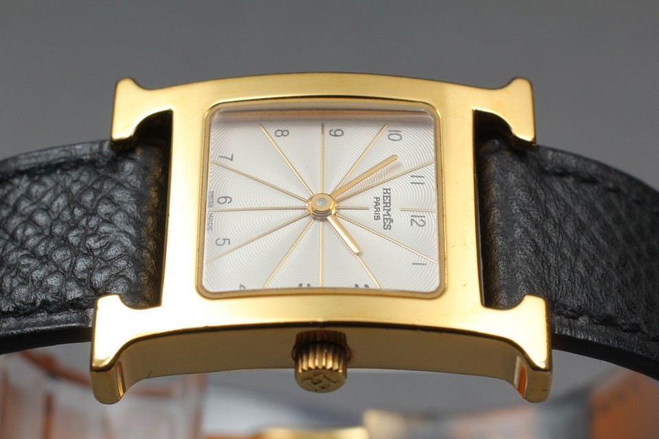 [Exc+5] HERMES H Watch HH1.201 Gold Black "N" 21mm Woman's Watch Quartz ...