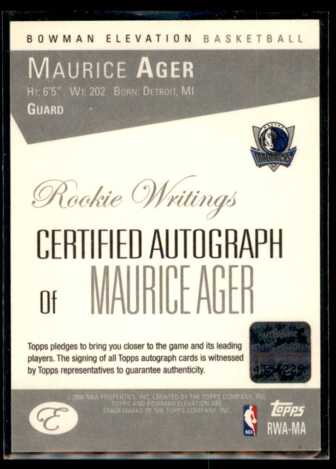 Maurice Ager 2006-07 Bowman Elevation Rookie Writing RC Autograph ...