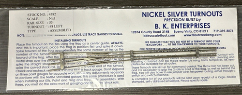 BK Enterprises Nn3 or Z Scale #4382 #8 Left Hand Turnout Code 55 Nickel ...