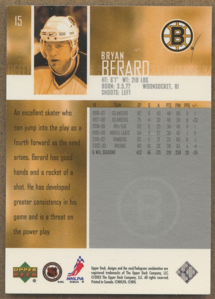 2003-04 Upper Deck #15 Bryan Berard Boston Bruins | eBay