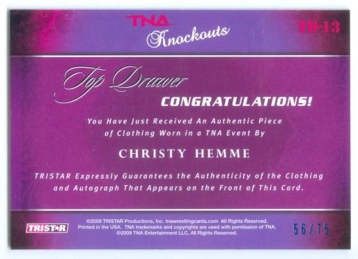 CHRISTY HEMME "EVENT USED MEMORABILIA AUTOGRAPH CARD /75" TRISTAR TNA ...