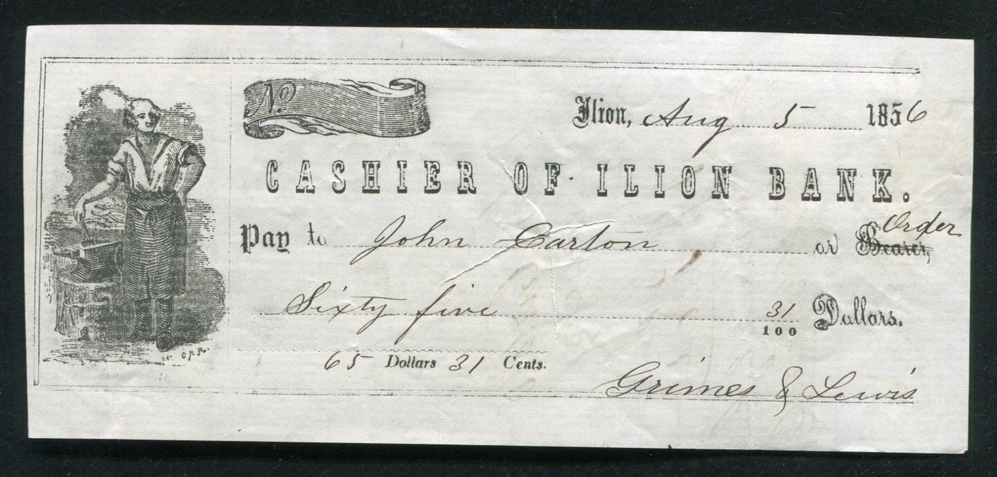 1856 $65.31 CASHIER OF ILION BANK STATE OF NEW YORK BANK CHECK | eBay