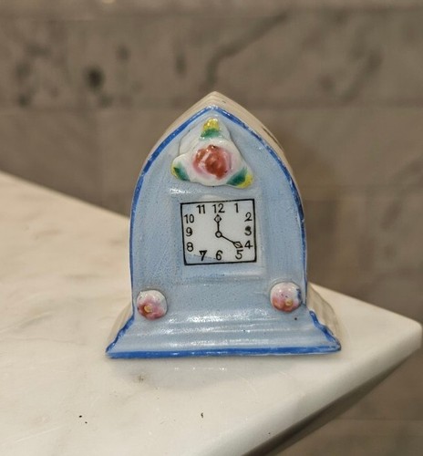 Vintage Mini Mantle Clock Figurine Blue W/ Flowers Hand Painted ...
