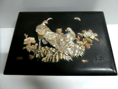 VINTAGE JAPANESE LACQUER JEWEL BOX INLAID SOAPSTONE MOTHER PEARL ...