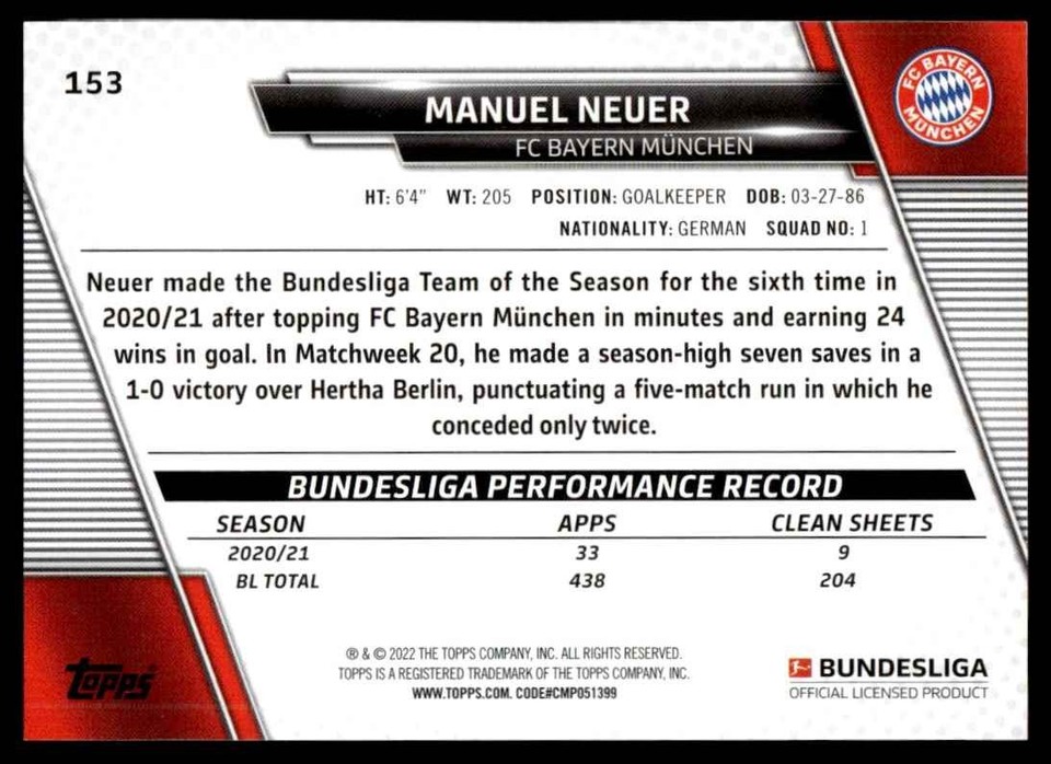 2021 OPPS BUNDESLIGA SOCCER CARD MANUEL NEUER #153 8106 | eBay