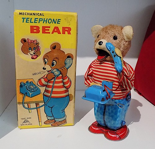 Vintage Tinplate Wind-Up Mechanical Telephone Bear Toy, Alps Japan ...