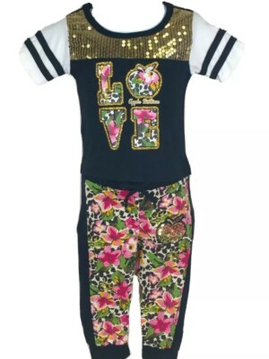 Girls 2 pc Outfit Floral Print Sequins Black Pink Sz 12M Pants Top ...