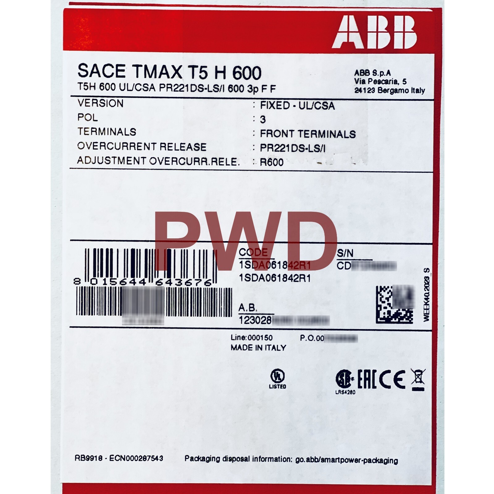 NIB ABB Tmax T5H600BW T5H 600 UL/CSA Circuit Breaker PR221DS-LS/I, 3 ...