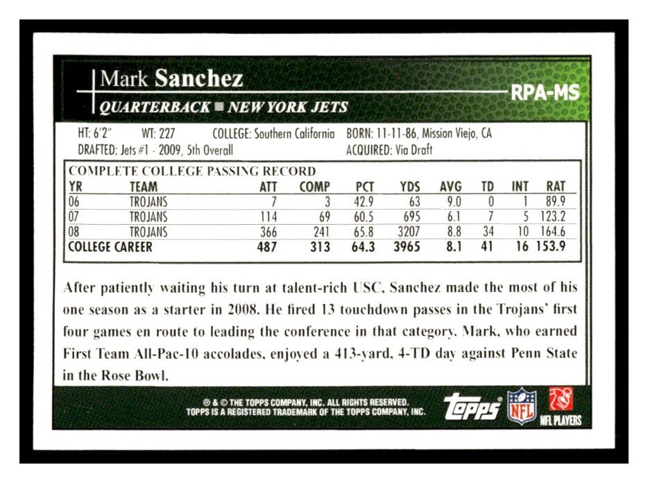 2009 Topps #RPA-MS Mark Sanchez Rookie Premiere Autographs | eBay