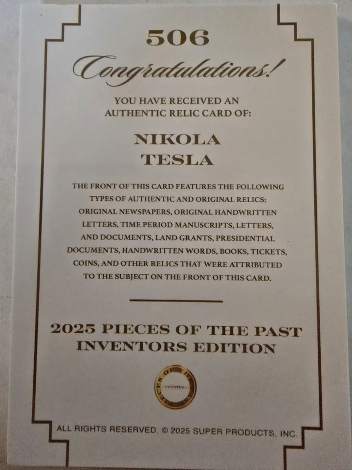 2025 Pieces Of The Past Nikola Tesla Vintage Jumbo Stock Certificate ...
