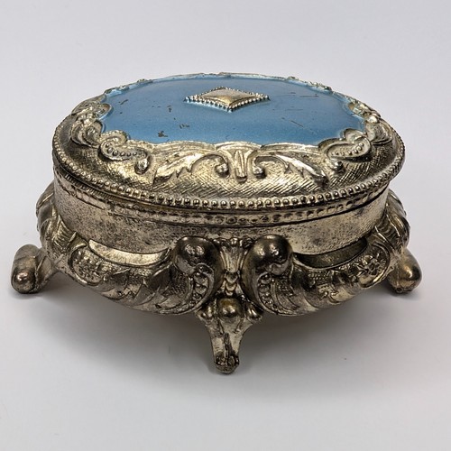 Art Nouveau Metal Trinket Jewelry Box Blue Lid Ornate Decorative Small ...