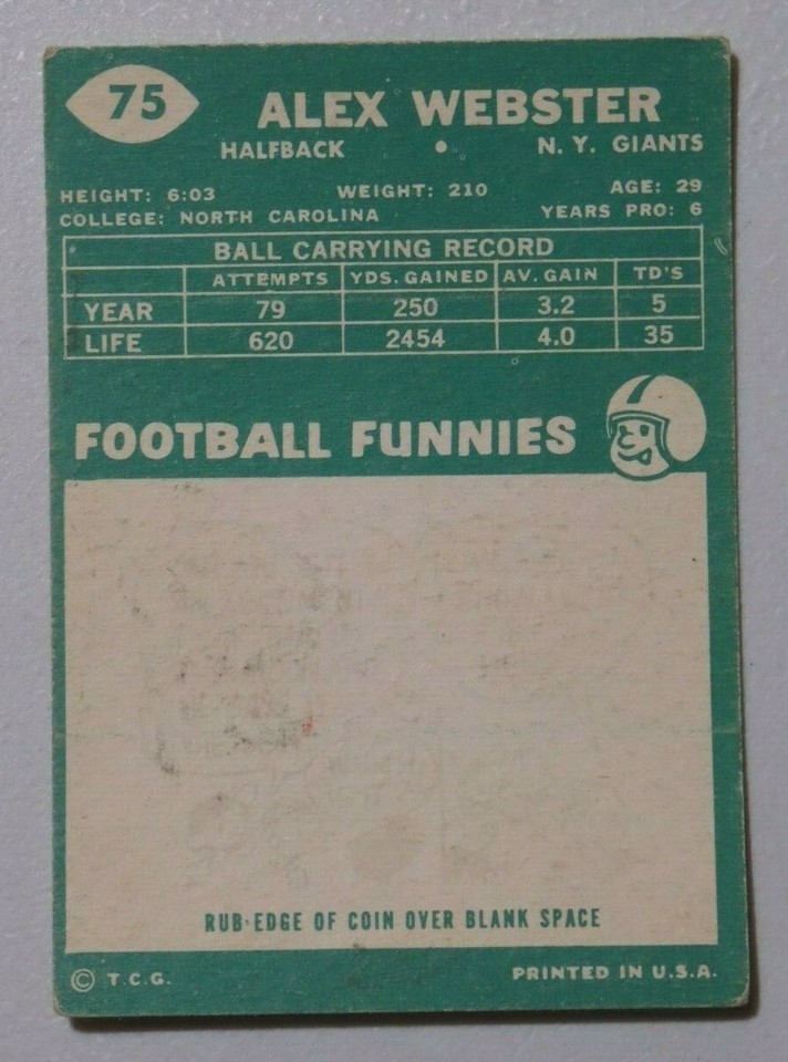 ALEX WEBSTER NY Giants RB 1960 Topps #75 Football Card 8464 | eBay