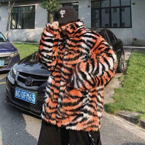 Men's Winter Stand Collar Faux Fur Tiger Stripes Jackets Thicken Padded ...