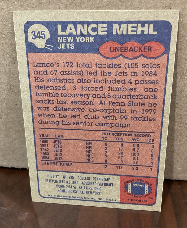 LANCE MEHL 1985 TOPPS FOOTBALL #345 - NEW YORK JETS | eBay