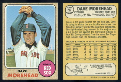 (52230) 1968 Topps 212 Dave Morehead Red Sox-EM | eBay