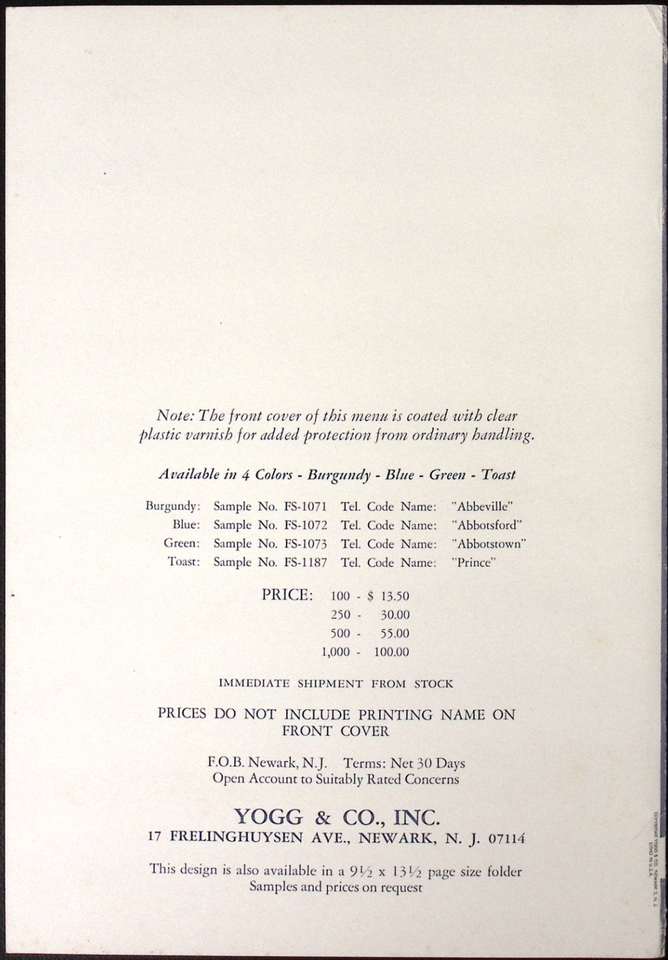 Yogg & Co Newark NJ Hotel Room Service Menu SAMPLE COVER 7x10" | eBay