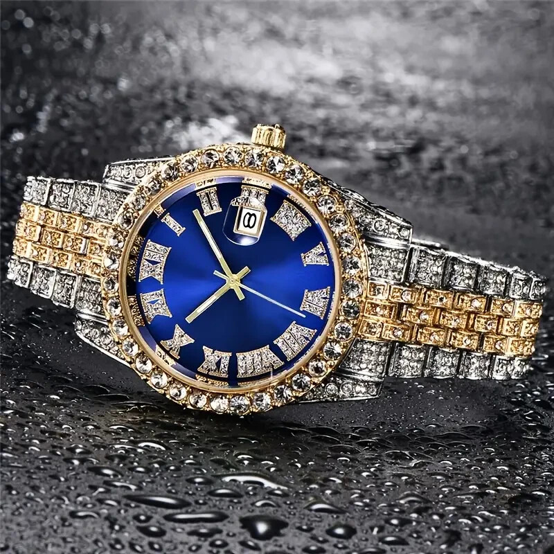 Hip Hop Iced Watch Two Tone Rapper Bling Simulated Diamond Blue Dial ...