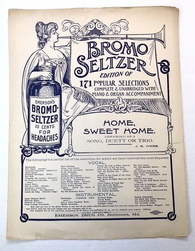 c.1899 Sheet Music BROMO SELTZER "Home Sweet Home" Emerson Drug Co ...