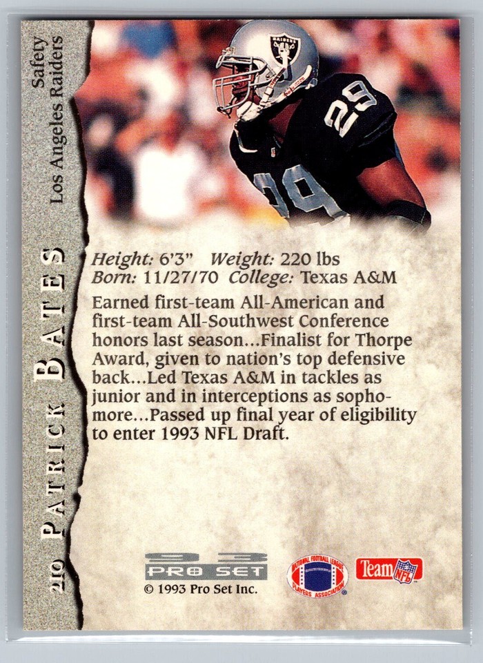 1993 Pro Set Football #210 Patrick Bates RC Los Angeles Raiders | eBay