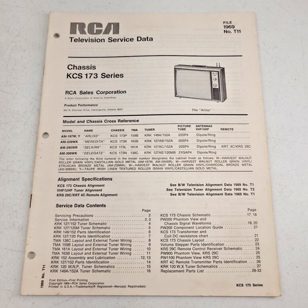 RCA Television Service Data Chassis KCS 173 Series 1969 No T11 The ...