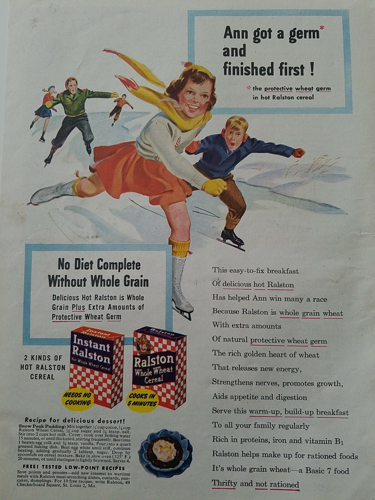1944 instant Ralston whole wheat cereal girls boys ice skating vintage ...