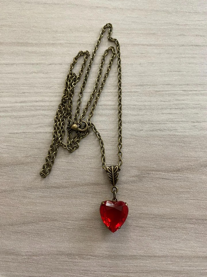 Red Rhinestone Heart Necklace 24" Antique bronze Chain | eBay
