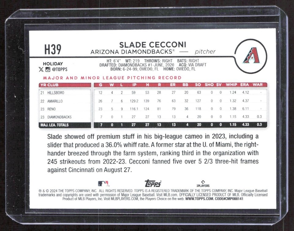 2024 4663E Topps Holiday Slade Cecconi Rookie Arizona Diamondbacks #H39 ...