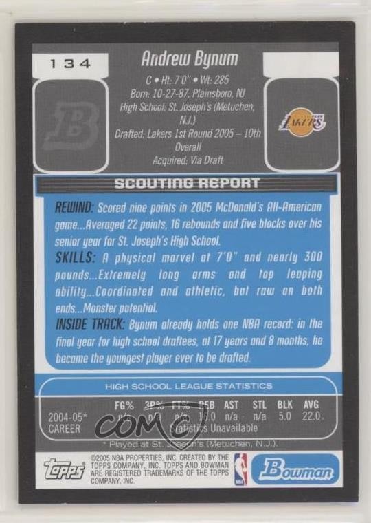 2005-06 Bowman Draft Andrew Bynum #134 Rookie RC | eBay UK