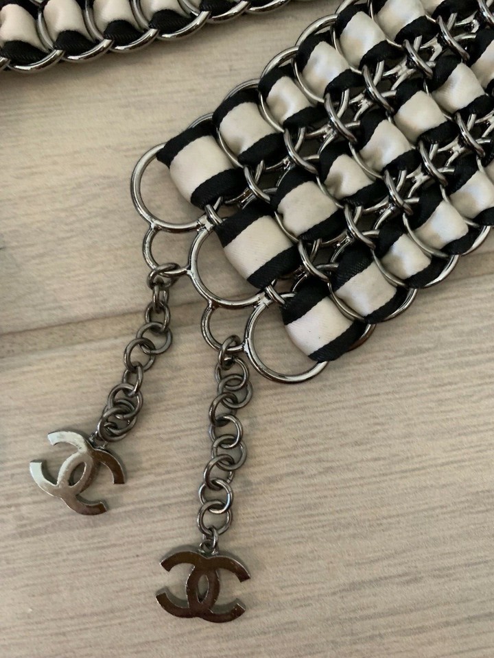 CHANEL WIDE CHAIN RIBBON BOW BELT 06A RARE CC BLACK IVORY SILVER ...