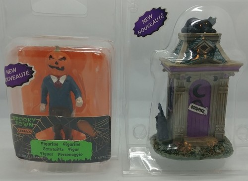 2 Lemax Spooky Town Halloween Figures PUMPKIN MAN & HAUNTED OUTHOUSE (A ...