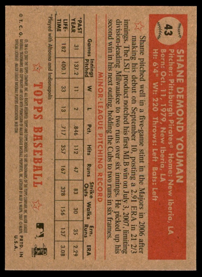 2007 Topps Rookie 1952 Edition Shane Youman . Pittsburgh Pirates #43 | eBay