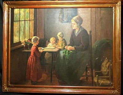 Antique Portrait Oil Painting Mother Children German American Nic ...