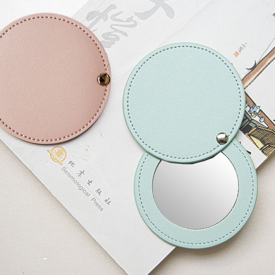 Round Makeup Mirror Portable PU Cosmetic Mirror Folding Pocket Compact ...