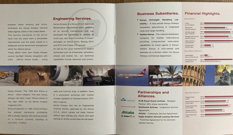 KENYA AIRWAYS AIRLINES PROFILE SERVICES BROCHURE ROUTE MAP A310 B737 | eBay