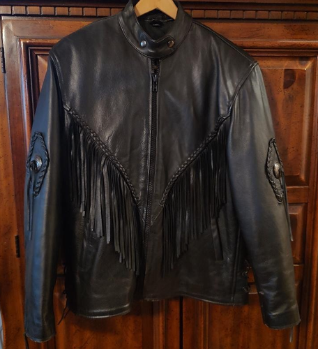 WOMANS BLACK LEATHER FRINGE MOTORCYCLE JACKET XL | eBay