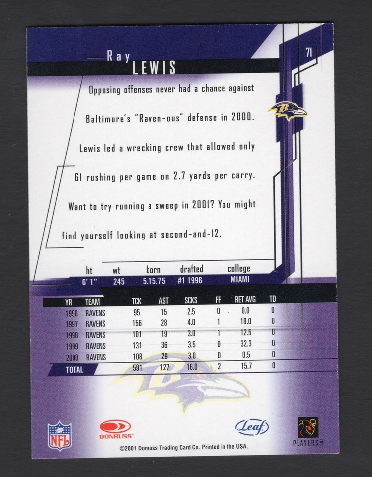 Ray Lewis 2001 Leaf Rookie Stars #71, Baltimore Ravens Hall Of Fame ...