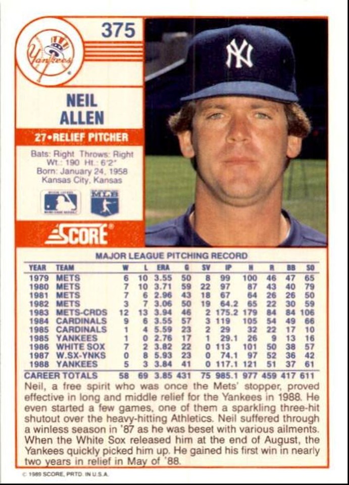 1989 Score Baseball Card Neil Allen New York Yankees #375 | eBay