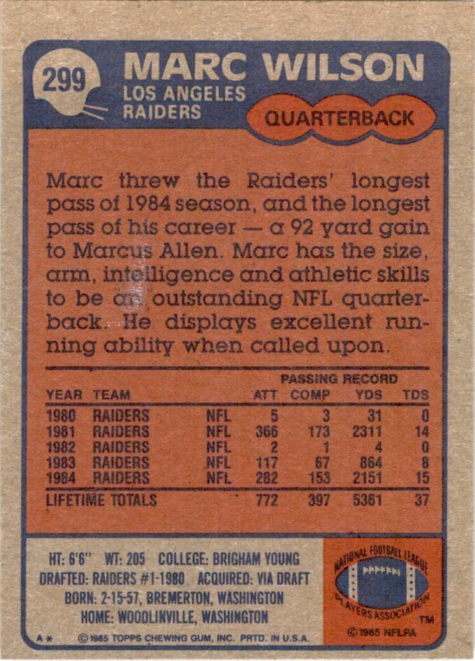 1985 TOPPS MARC WILSON LOS ANGELES RAIDERS #299 | eBay